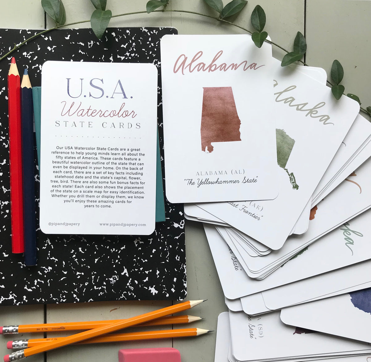 USA Watercolor State Cards – Pip & J Papery